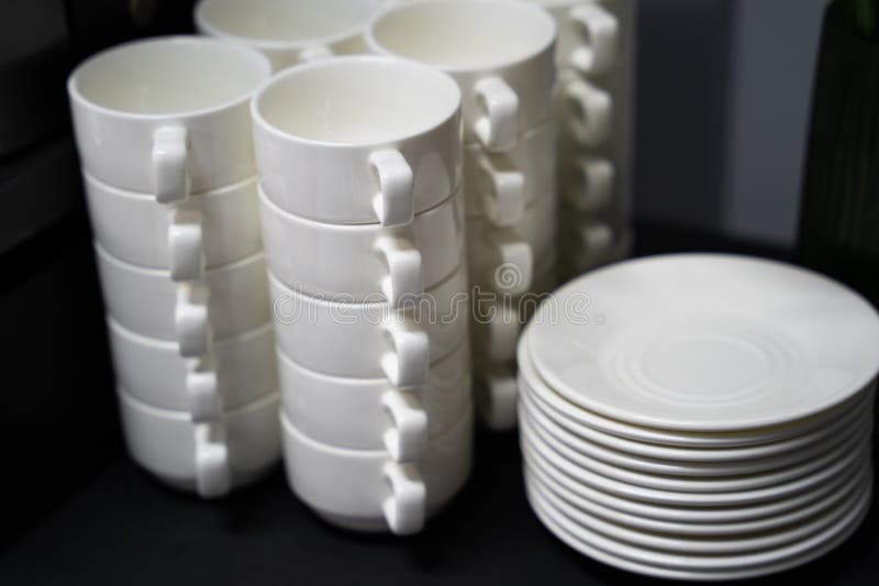 Many Clean White Cups and Plates on the Table Stock Image - Image of ...