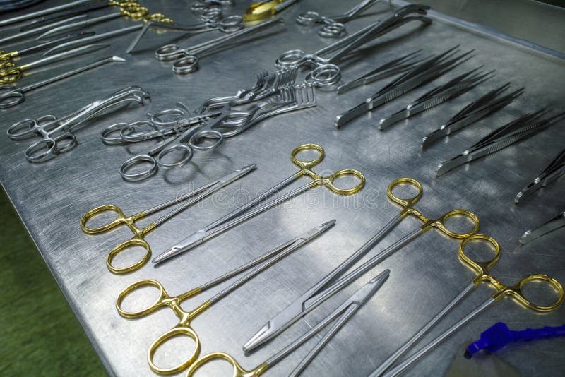 Many Cleaned Instruments for Performing Vascular Surgery Lie on a Metal ...