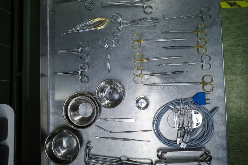 Many Cleaned Instruments for Performing Vascular Surgery Lie on a Metal ...