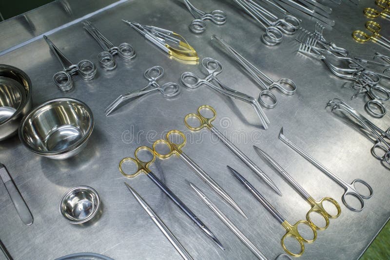 Many Cleaned Instruments for Performing Vascular Surgery Lie on a Metal ...