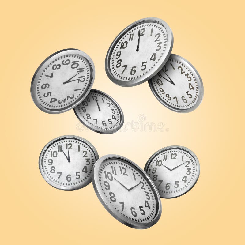 Many Clocks Falling on Pale Orange Background Stock Illustration ...