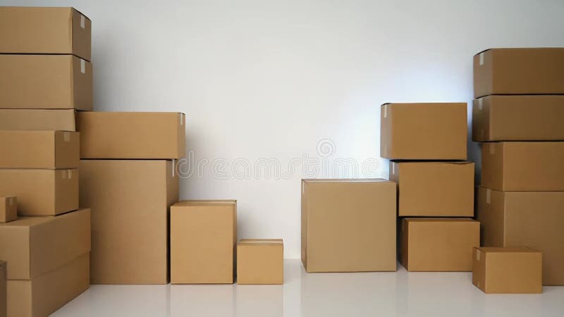Cardboard Moving Boxes Stacked Against White Wall in Empty Room Stock ...