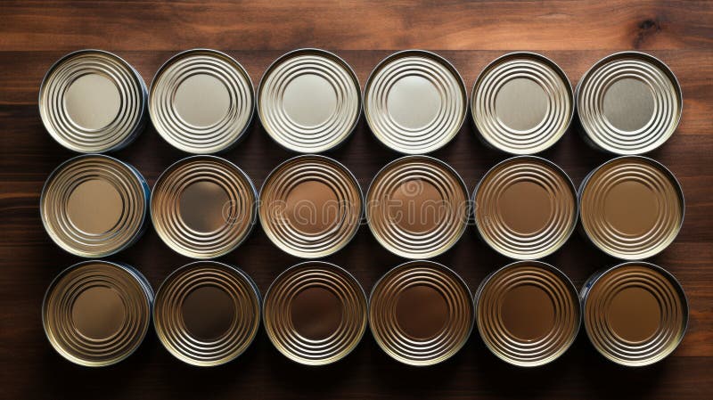 Many Closed Tin Cans on Brown Table, Flat Lay. Neural Network Ai ...