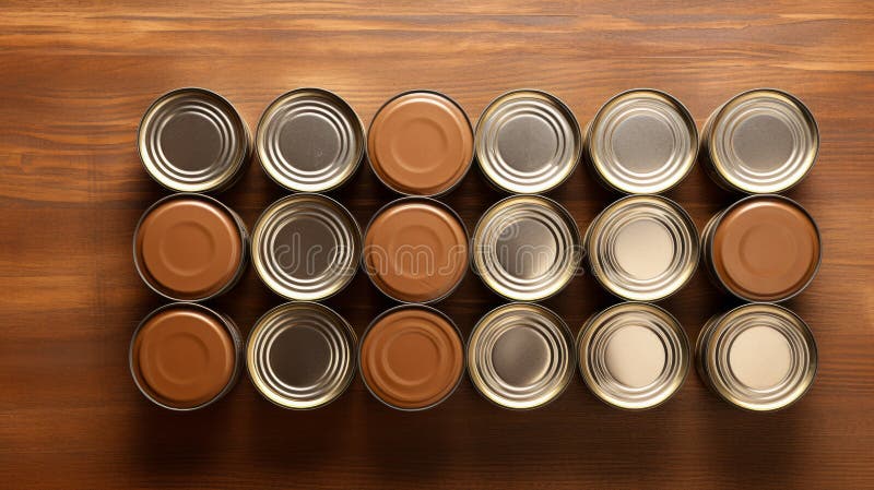Many Closed Tin Cans on Brown Table, Flat Lay. Neural Network Ai ...