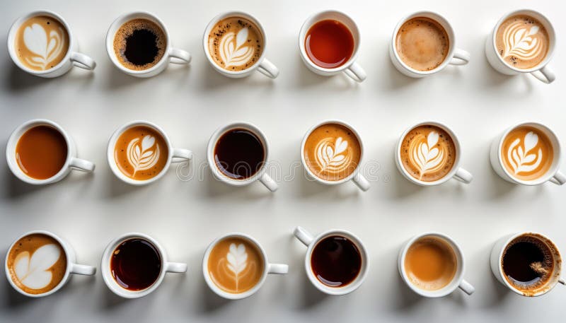 Many Coffee Cups Arranged in Grid Pattern on White Surface. Different ...