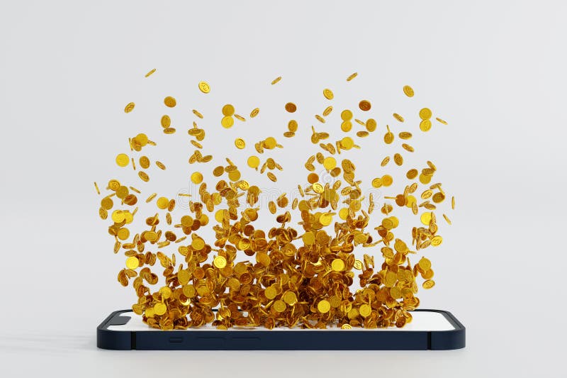 Many Coin Up Rising from Smartphone Screen, Take Profit from Online E ...