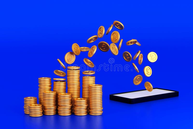 Many Coin Up Rising from Smartphone Screen To Coin Stack, Take Profit ...