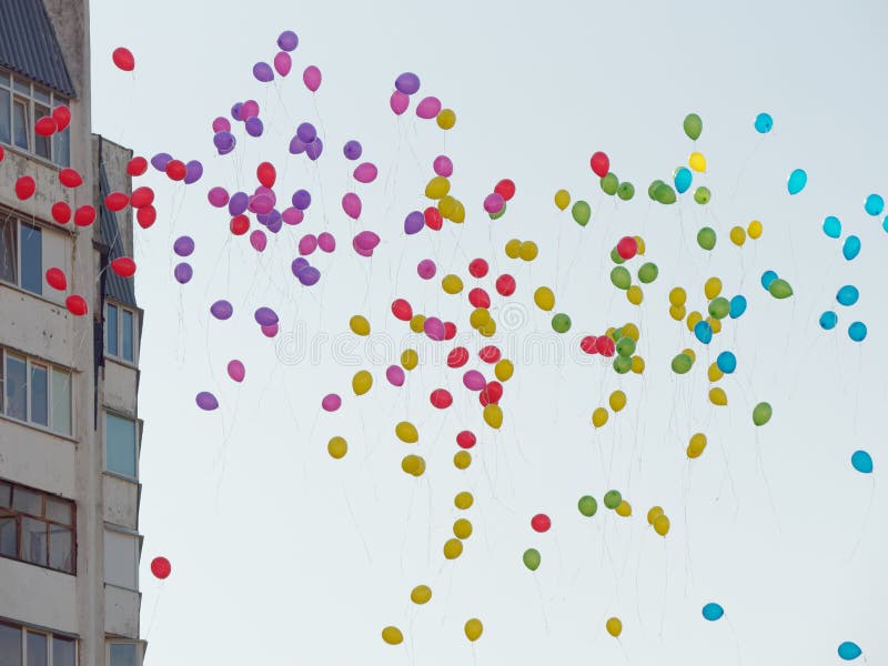 Many Colored Balls Fly To the Sky Stock Photo - Image of green, helium ...