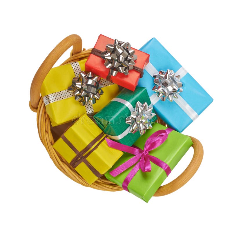 Many Colored Gift Boxes in a Basket Stock Photo - Image of holding ...