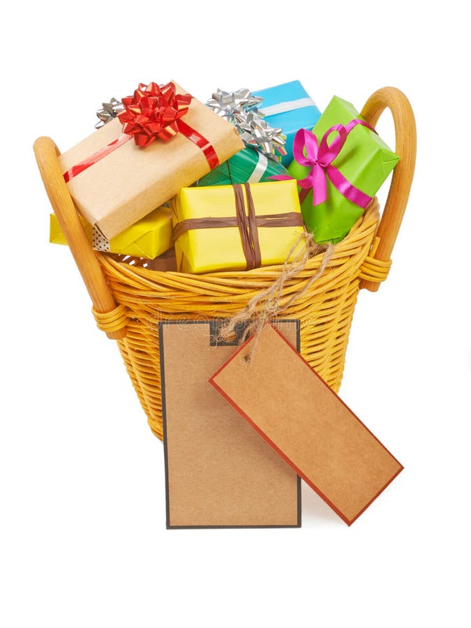 Many Colored Gift Boxes in a Basket Stock Image - Image of decoration ...