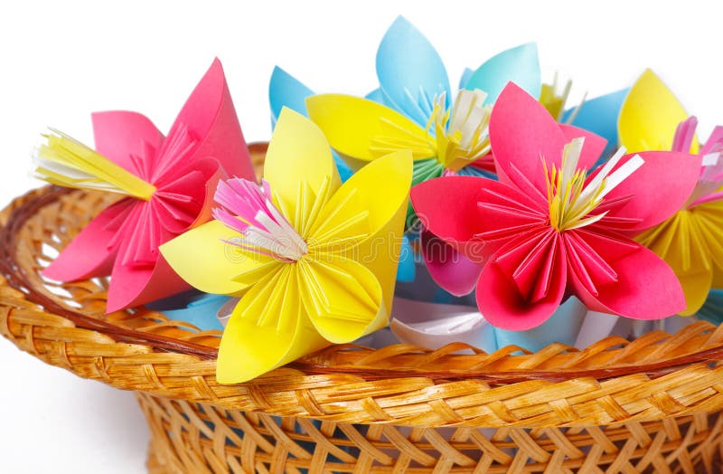 Many Colored Paper Flowers in a Basket Stock Image - Image of floral ...