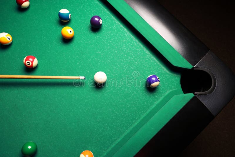 Many Colorful Billiard Balls and Cue on Green Table, Top View Stock ... Many Colorful Billiard Balls and Cue on Green Table, Top View Stock ...