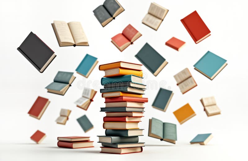 Many Colorful Books Levitate in Air. Stack of Books Stands Tall ...