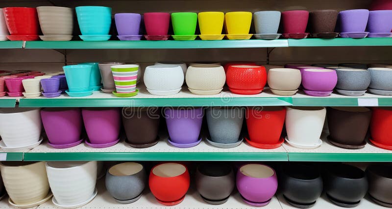 Many Colorful Ceramic and Plastic Flower Pots at Shop Stock Photo ...
