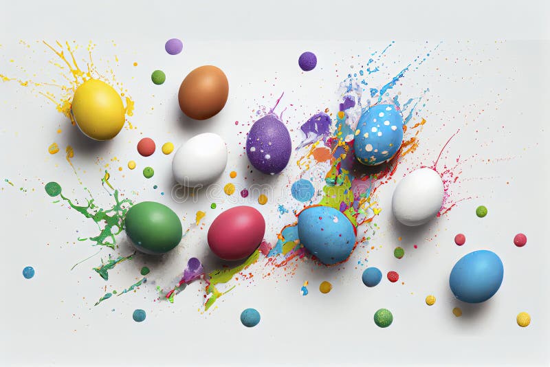 Many Colorful Easter Eggs in Splash of Paint. White Background Stock ...
