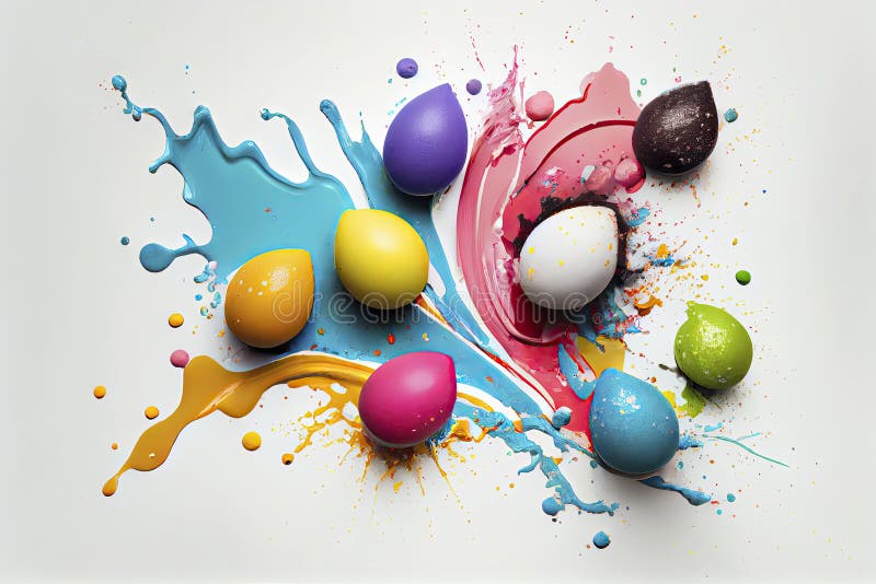 Many Colorful Easter Eggs in Splash of Paint. White Background Stock ...