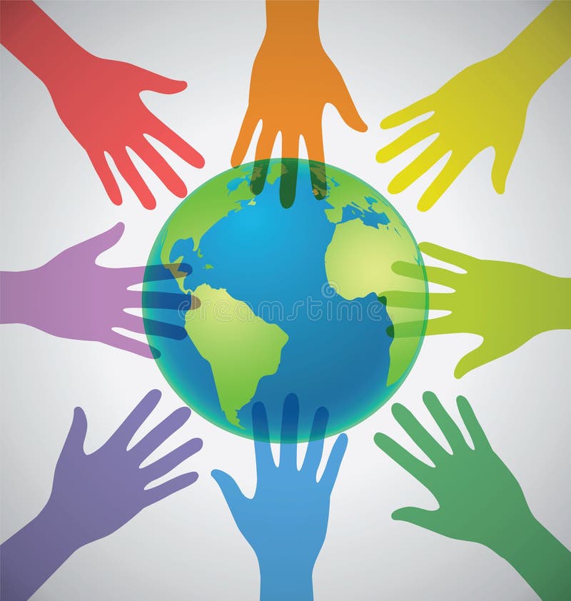 Many Colorful Hands Surrounding The Earth, Globe, Unity, World Stock ...