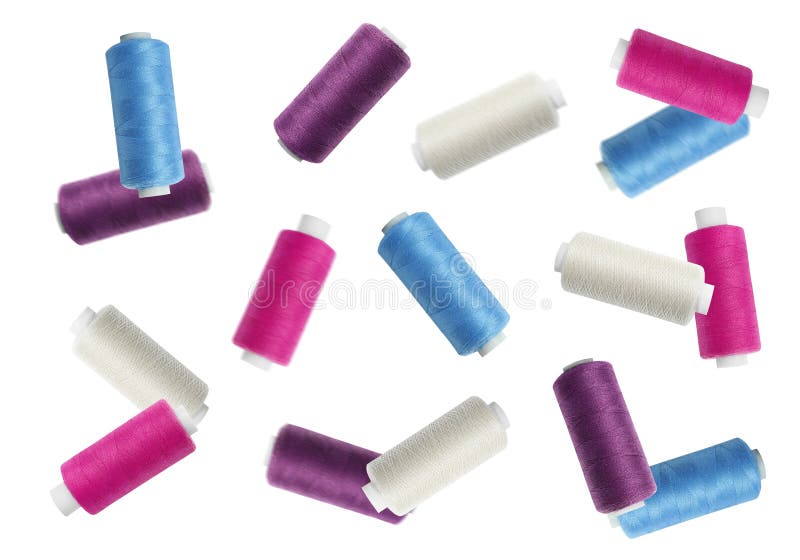 Many Colorful Sewing Threads Falling on White Background Stock Photo ...