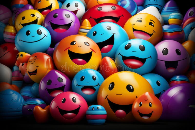 Many Colorful Smiley Faces are Grouped Together on a Black Background ...