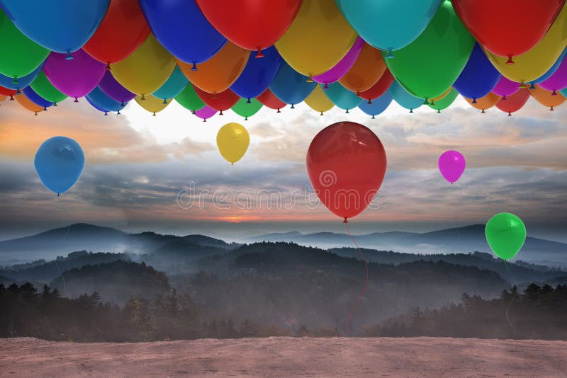 Many Colourful Balloons Above Landscape Stock Illustration ...