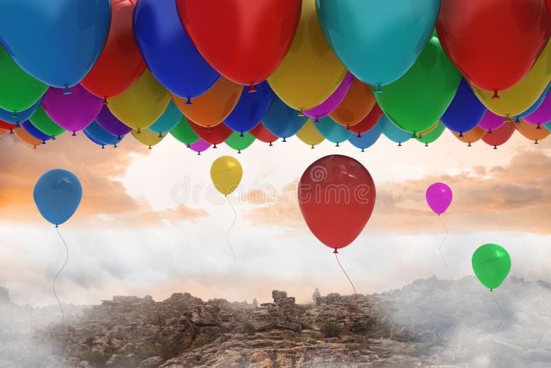 Many Colourful Balloons Above Landscape Stock Illustration ...