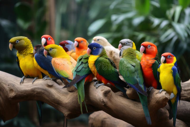 Many Colourful Different Tropical Birds Sitting Together on a Branch ...