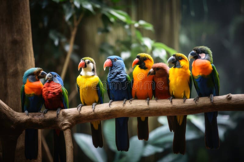 Many Colourful Different Tropical Birds Sitting Together on a Branch ...