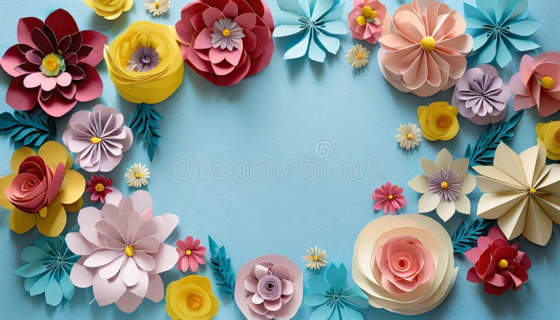 Colourful Handmade Paper Flowers on Light Blue Background Stock ...