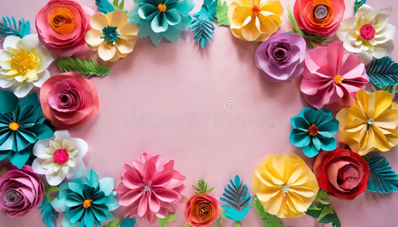 Colourful Handmade Paper Flowers on Light Pink Background Stock ...