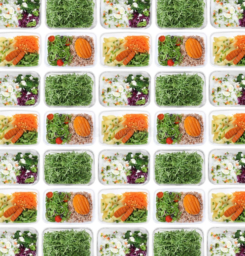 Many Containers with Different Tasty Food on White Background, Top View ...