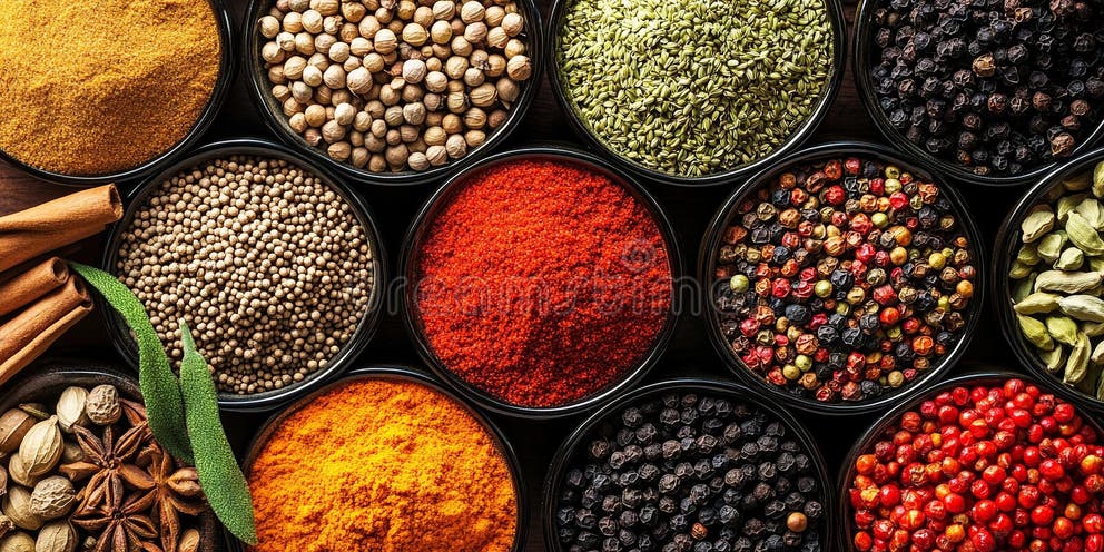 Many Containers with Seasonings and Spices in Top View Stock ...