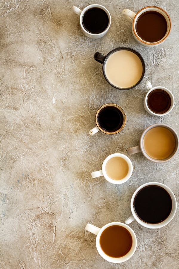 Many Cups of Coffee on Beige Table Top-down Copy Space Stock Photo ...