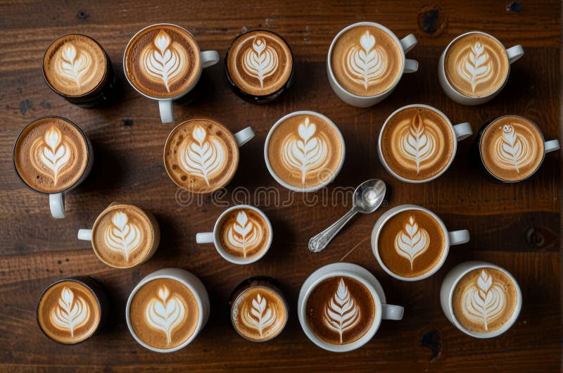 Many of Cups of Coffee with Latte Art Stock Illustration - Illustration ...