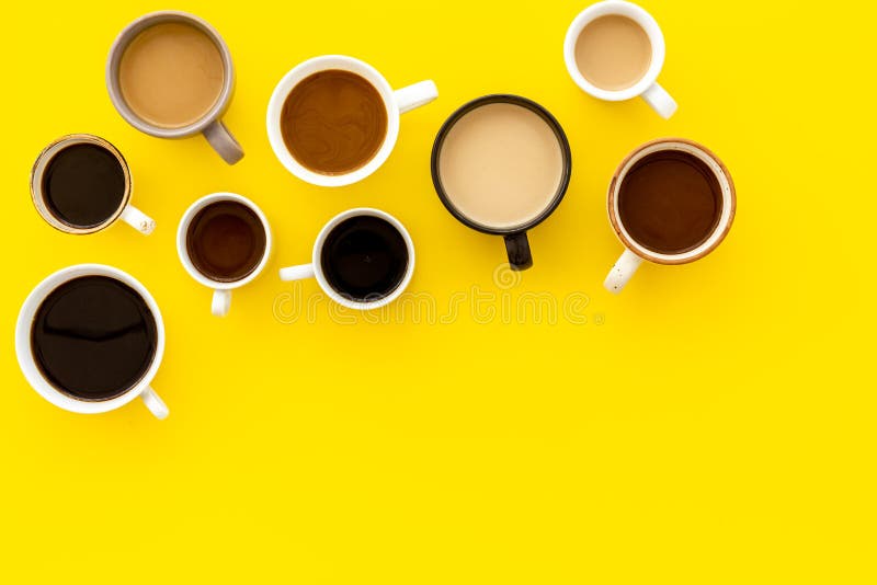 Many Cups of Coffee on Yellow Table Top-down Copy Space Stock Photo ...