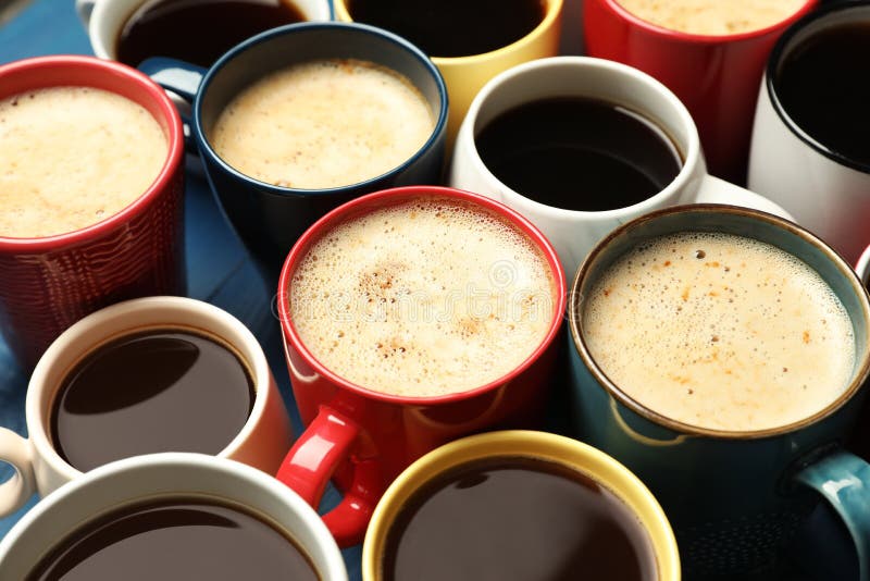 Many Cups of Different Coffee Drinks on Blue Table Stock Image - Image ...