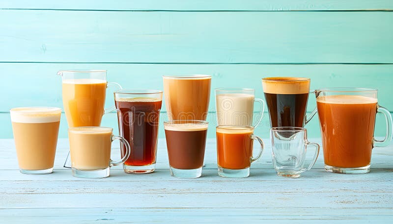 Many Cups of Different Coffee Drinks on Light Blue Wooden Table Stock ...