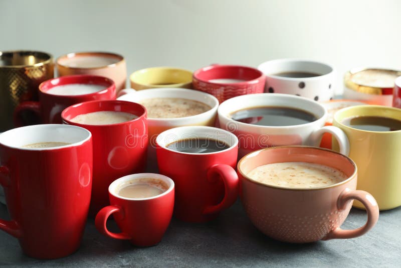 Many Cups of Different Coffees on Grey Table Stock Photo - Image of ...