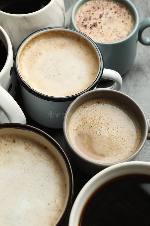 Many Cups of Different Coffees on Slate Table Stock Image - Image of ...