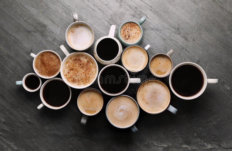 Many Cups of Different Coffees on Slate Table, Flat Lay Stock Image ...