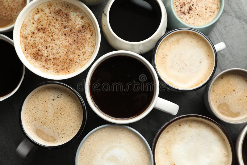 Many Cups of Different Coffees on Slate Table, Flat Lay Stock Photo ...