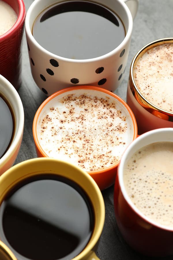Many Cups of Different Coffees on Table, Closeup Stock Image - Image of ...