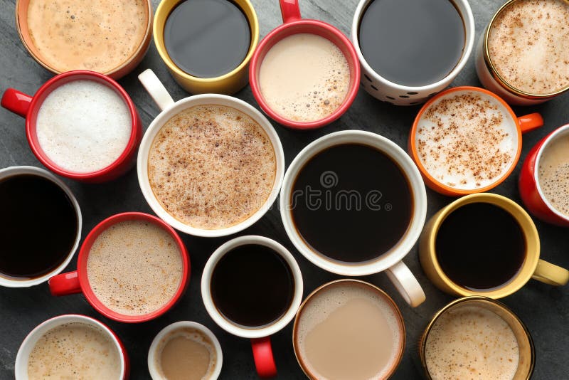 Many Cups of Different Coffees on Table, Flat Lay Stock Photo - Image ...
