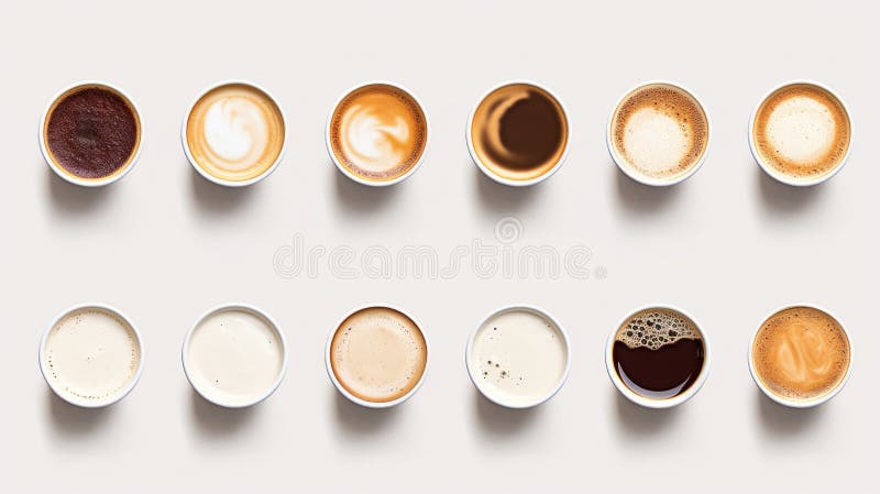 Many Cups with Tasty Aromatic Coffee on White Background. Neural ...