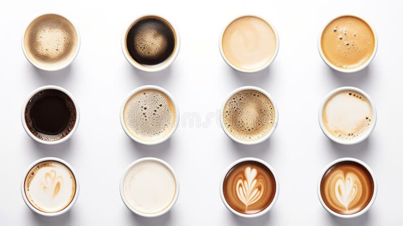 Many Cups with Tasty Aromatic Coffee on White Background. Neural ...