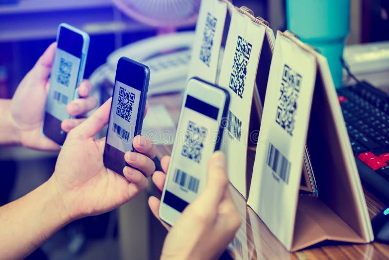 Many Customer Hands Holding Smart Phone To Scan Qr Code Payment and ...