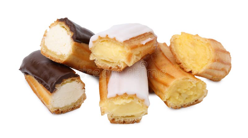 Many Cut Delicious Eclairs Isolated on White Stock Photo - Image of ...