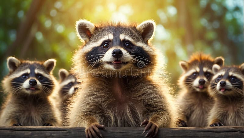Many Cute Fluffy Raccoons in Nature Banner Stock Illustration ...