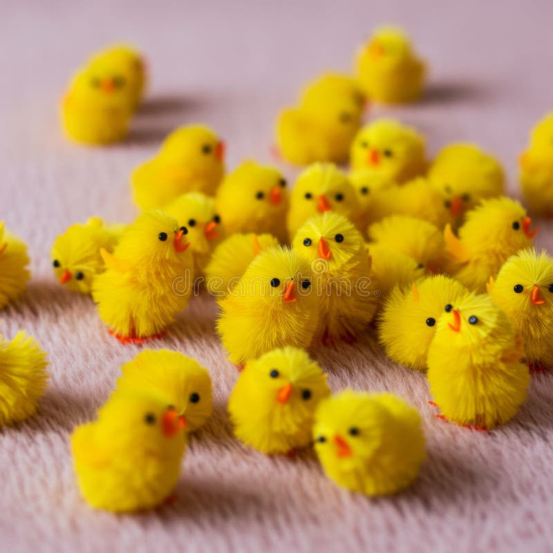 Many Cute Yellow Fluffy Chicks on Pink Background Stock Illustration ...