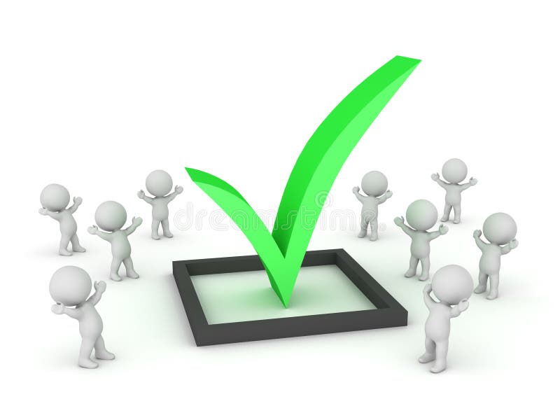 Many 3D Characters Cheering and a Large Green Done Symbol Stock ...