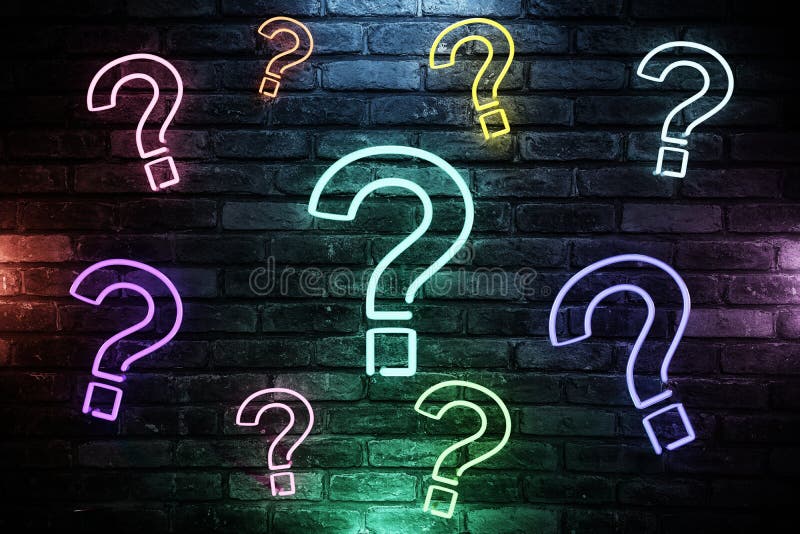 Many 3D Illustrated Question Mark with Led Light on Brick Wall ...
